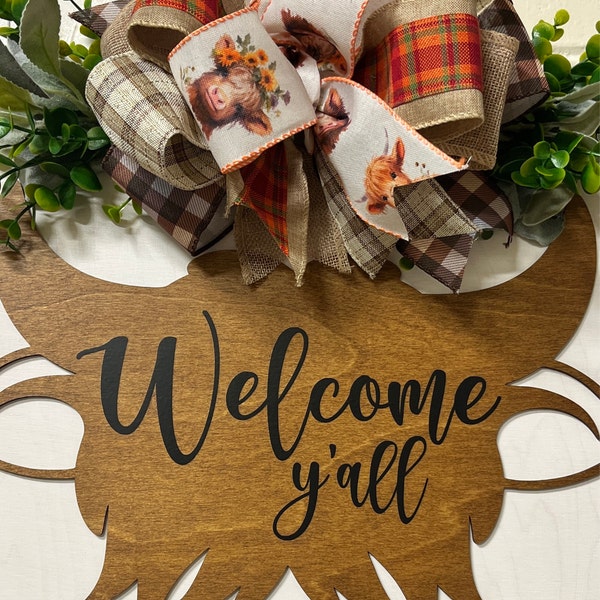 Highland Cow Door Sign: Year-round Wreath With Bell - Moo! - Etsy