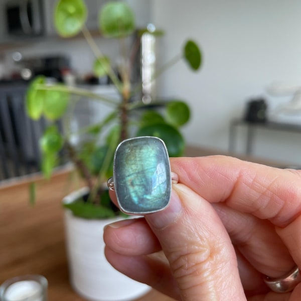 Elegant Rectangle Cushion Cut Aqua Blue Chalcedony Boho Ring Sterling Silver Statement Ring ...