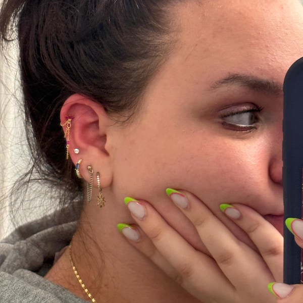 Dainty Triple Chain Pink Ruby CZ Helix Piercing, Cartilage Piercing 20g ...