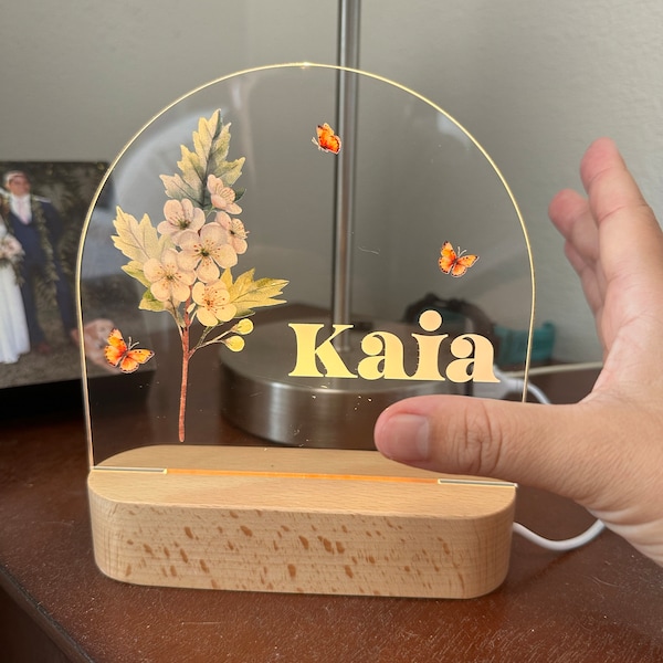 Personalized Acrylic Night Light, Boho Night Botanic LED Light, Kids ...
