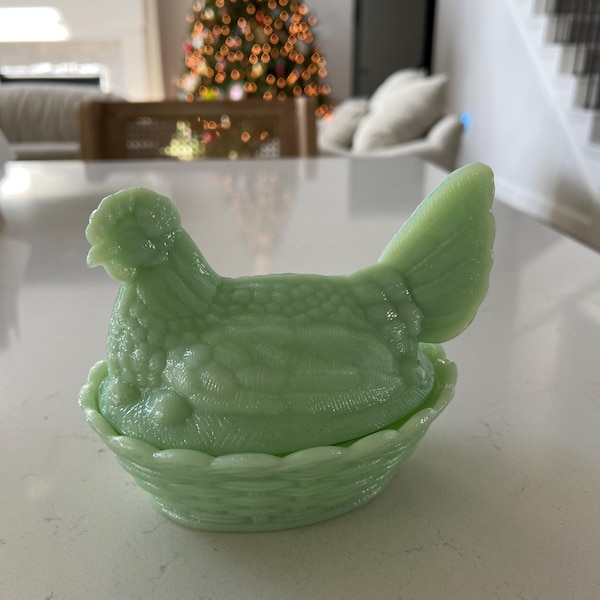 Jadeite Depression Style Glass Nesting Chicken Hen on Nest Candy Dish W ...