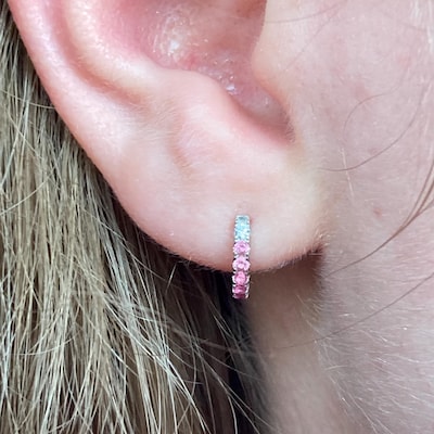 Ruby Pink Ombre CZ Huggie Hoops in Sterling Silver, Silver or Gold ...