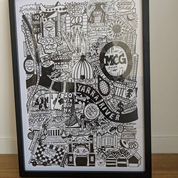 Melbourne Art, Hand Drawn,melbourne Souvenir, Melbourne Landmarks ...