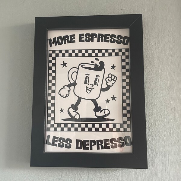 More Espresso Less Depresso Retro Wall Art Print - Retro Character ...