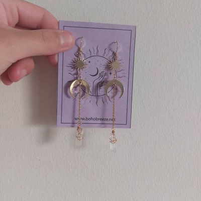 Moon, Stars, Clear Crystal Quartz Dainty Earrings, celestial Drops Earrings - Etsy