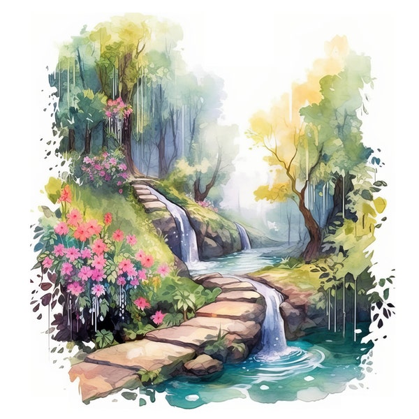 Watercolor Forest Waterfall Clipart Bundle (digital Download) - Etsy