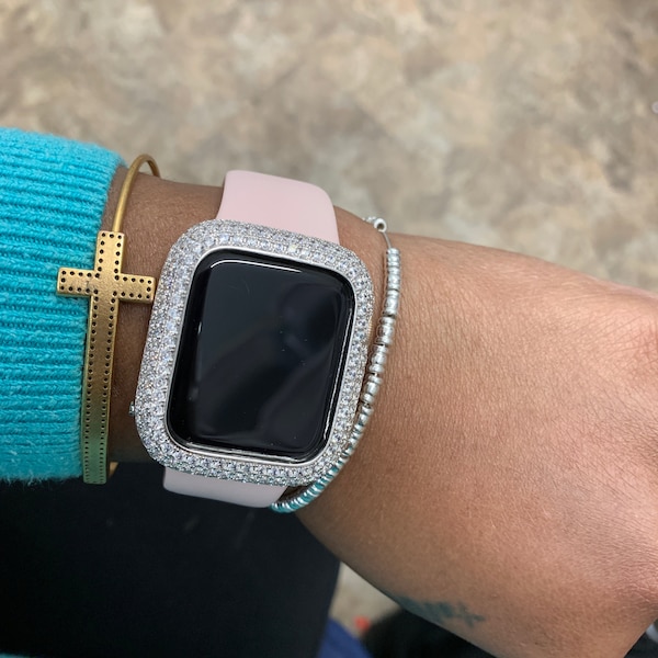 Silver Apple Watch Cover Pave Lab Diamond Bezel 38mm 40mm 41mm 42mm ...