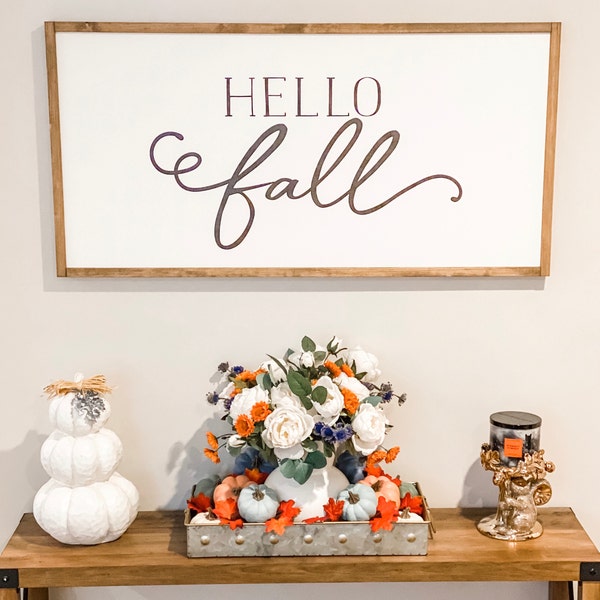 Fall Sign | Hello Fall Sign | Wood Framed Sign | Wall Art | Fall Wall ...