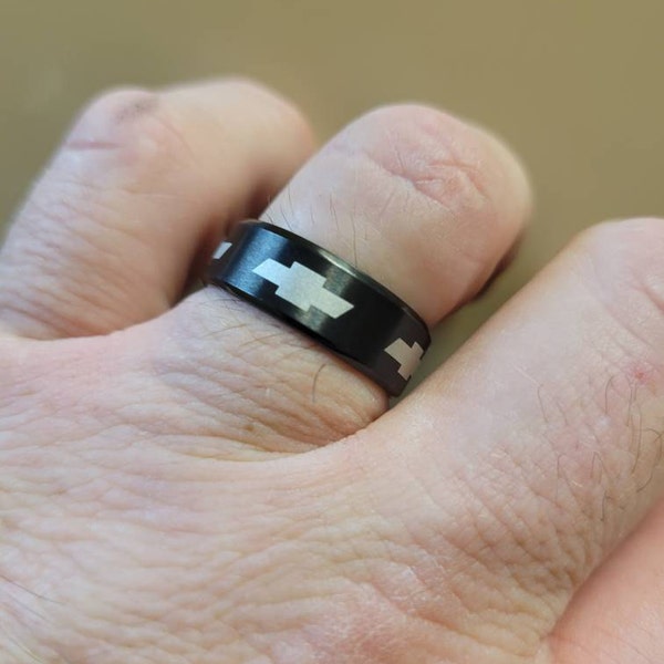 Laser Engraved Chevrolet Bowtie Ring Black Stainless Steel GM Chevy ...