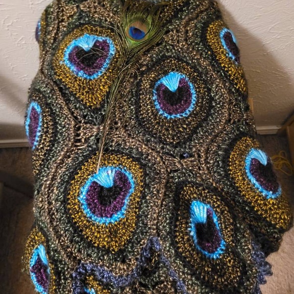 PEACOCK FEATHER BLANKET Approx. 60 X 50 Inches. Made From 94 Individual ...