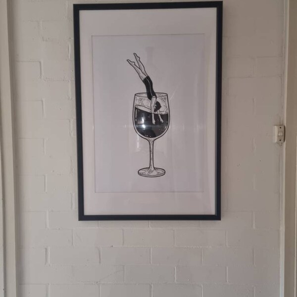Retro Wine Print, Fine Line Wine Art, Bar Cart Prints, Kitchen Art ...