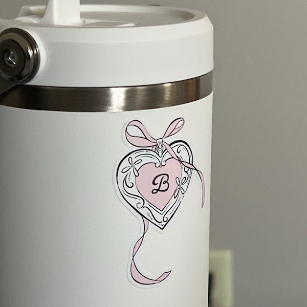 Custom Initial Heart Locket Sticker, Coquette, Hand-drawn, Ribbon ...