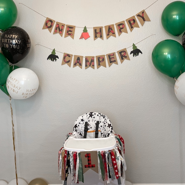 One Happy Camper Banner. Lumberjack Banner. Camping Birthday Banner ...
