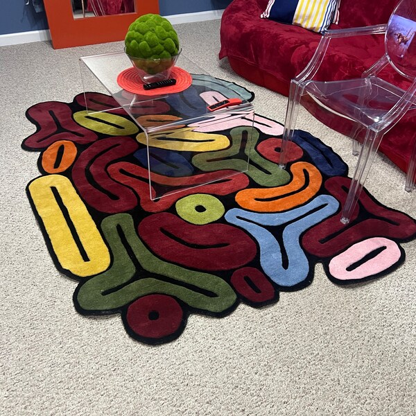 Irregular Shaped Throw Rug Illusion Greenery Pattern Hand-tufted 100% ...