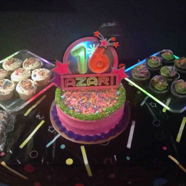 Neon Theme Cake Topper | Personalized Cake Topper | Glow in the Dark ...