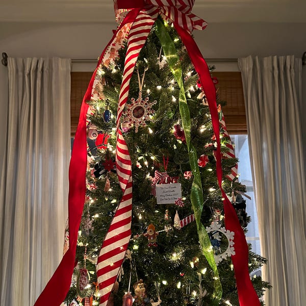 Rustic Christmas Tree Bow, 6ft Long Tails, Farmhouse Bow, Plaid Tree ...