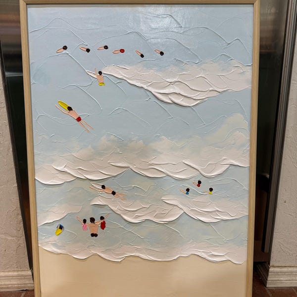 Vertical Beach Joys Art, Ocean Surfing Art, Hand Painted Extra Large ...