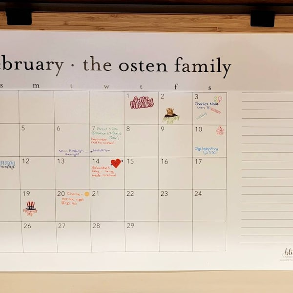 Large Personalized Monthly Wall Calendar With Wood Hanger - 12 Months ...