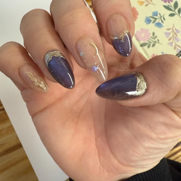 Fairy Galaxy Moon Stars Blue Purple Aurora Cat Eye 3D Golden Lines ...