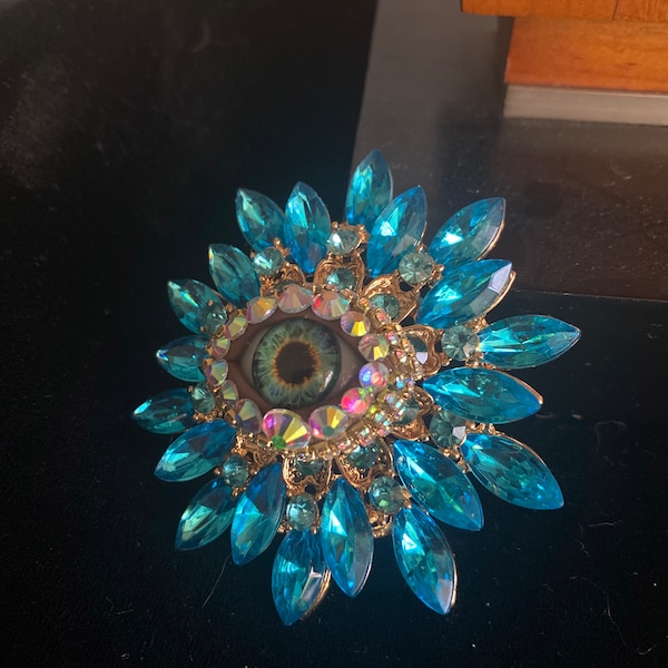 Vintage Blue Eyeball Brooch, Handmade Glass Iris, Rhinestone Sunburst ...
