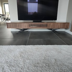 Walnut Long Tv Stand With Slatted Door, Two Drawers and Organic Shape ...