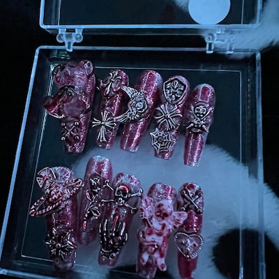 Black and Red Gradient Goth Emo Press on Nails With Silver Chrome ...
