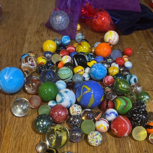 50 Marbles in a Purple Velvet Bag - Glass Handmade Colourful Marbles ...