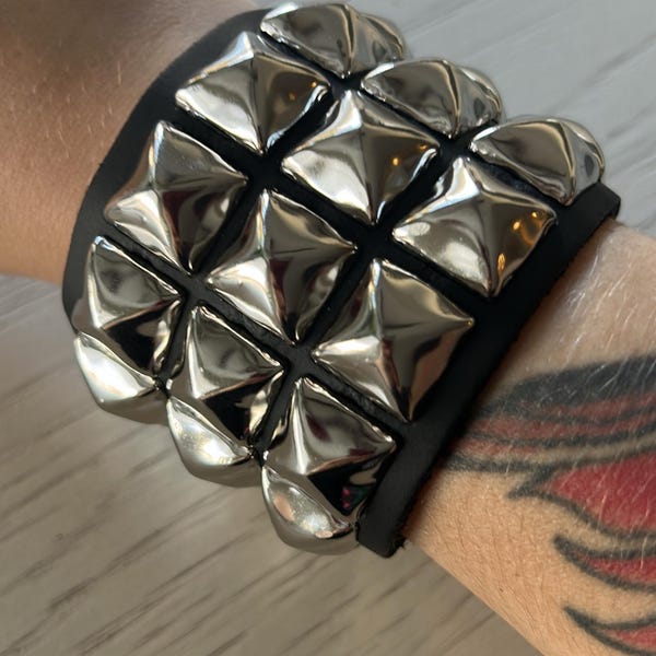 Punk Studded Genuine Lather Bracelet Pyramid Steel Stud Goth Rock Stud ...