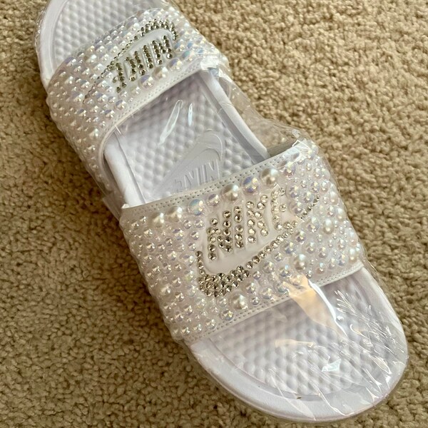 Rhinestone Bling Nike Slides for Women | Nike Slides Customized | White ...