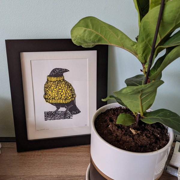 Crow Wearing a Mustard Yellow Jumper - Handmade Linocut Bird Art Print ...