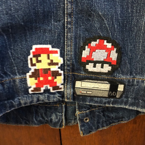 Mario Mushroom - Iron on Patch - 8 Bit Shiny Metallic Embroidery. Super ...