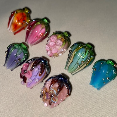 Powder Blue Glass Beads, Handmade Glass Beads, Lampwork Flower Beads ...