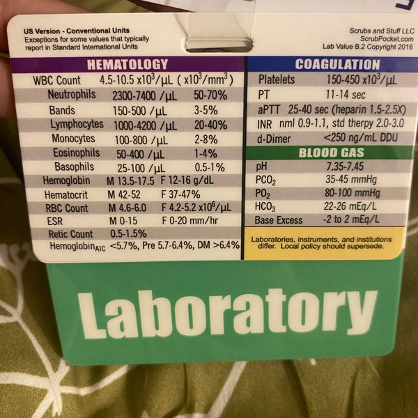 Laboratory Values Badge Card Reference Horizontal for Nurse Medic EMT ...