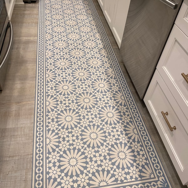 Vinyl Runner Rug or Hallway Runner With Moroccan Tiles Design in Blue ...