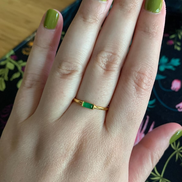 Dainty Jade Baguette Ring by Caitlyn Minimalist • Delicate Green Crystal Ring • Thin Hammered ...