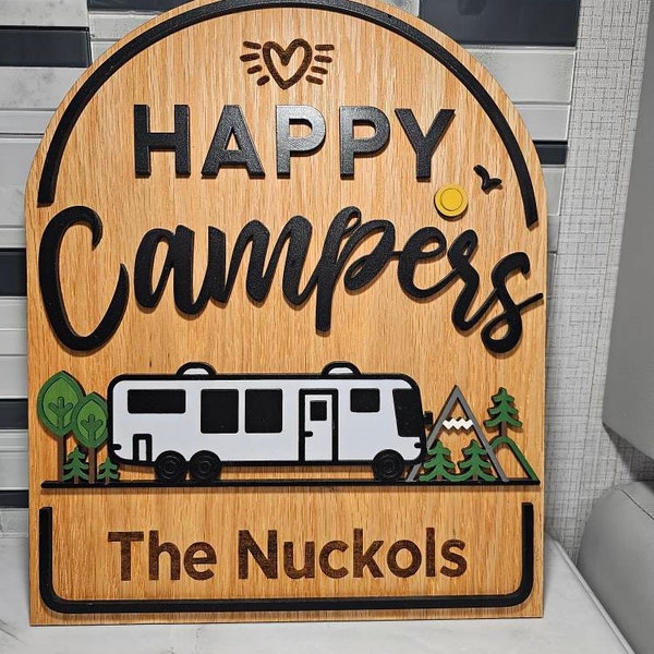 Happy Campers Personalized Welcome Sign | Camper Door Hanger | Wooden ...