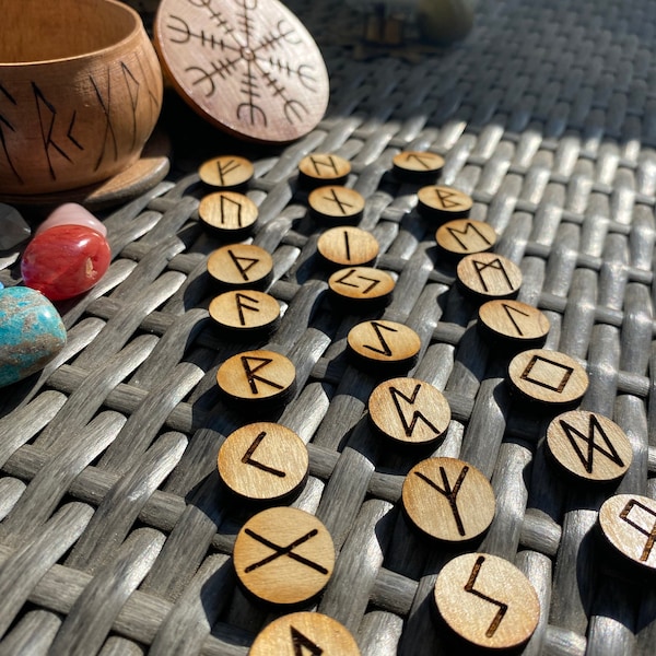 Hand Turned Alder Box of 24 Wood Runes Round Small Viking Runes Rune ...