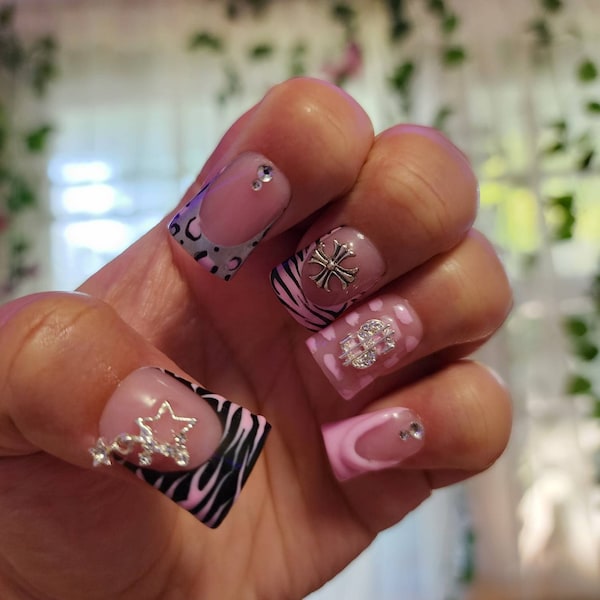 Money Nails Red French Tip Bling Rhinestones W Gold Foil & Gold Heart ...