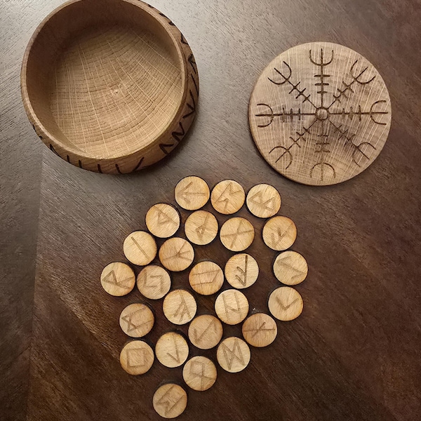 Hand Turned Alder Wood Box of 24 Dark Wood Runes Round Small Rune Set ...