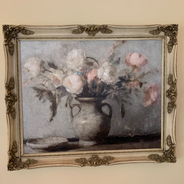 Vintage Muted Still Life Painting | Pink and White Flowers Botanical ...