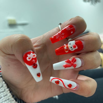 Red and White Christmas Kittty Press on Nail/ Bowtie Nails/ Christmas ...