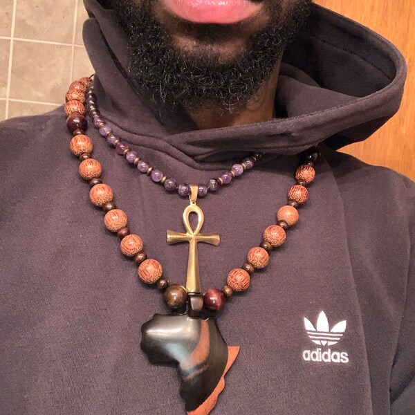 Ankh Cross & Natural Black Onyx Gemstone Protection Beaded Long Macrame ...