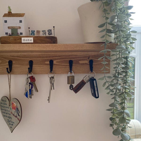 Dark Oak Waxed Wall Mounted Key Holder With Shelf “black Hooks” Key ...