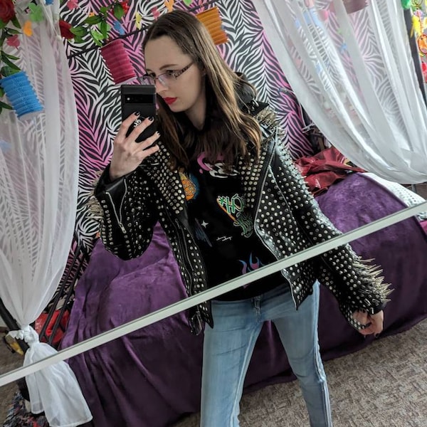 Women Pink Studded Leather Rock Steam Punk Style Biker Jacket, Women ...