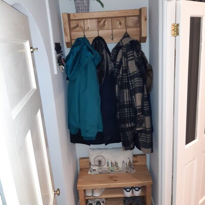 Matching Farmhouse Coat Rack and Shoe Boot Rack Bench Solid Chunky Wood ...