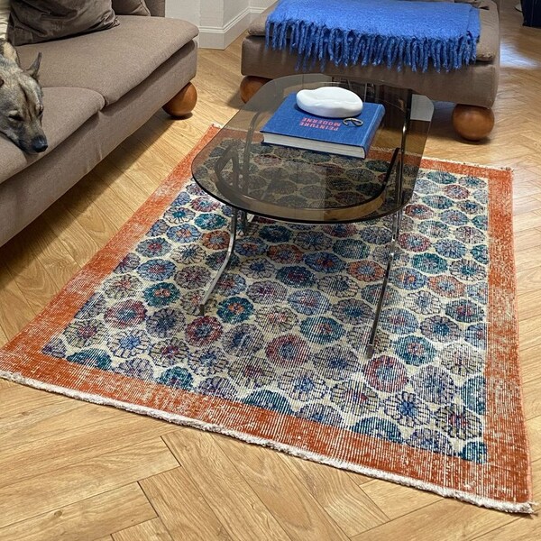 5x9 Muted Pink Green Vintage Turkish Area Rug, 5x9 Pastel Oushak Rug ...