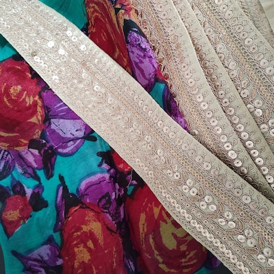 Cream N Gold Trim, Silk Embroidered Trim, Fine Golden Cord Trim, Sheer ...