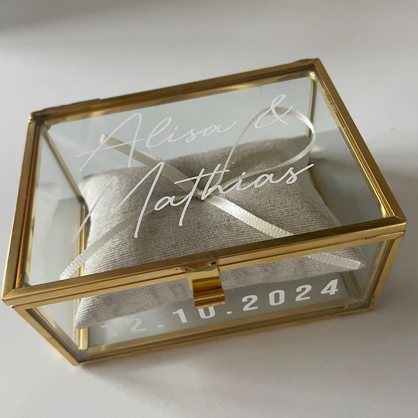 Ring Box Gold With Beige Pillow Glass Ring Box Square Personalized for ...