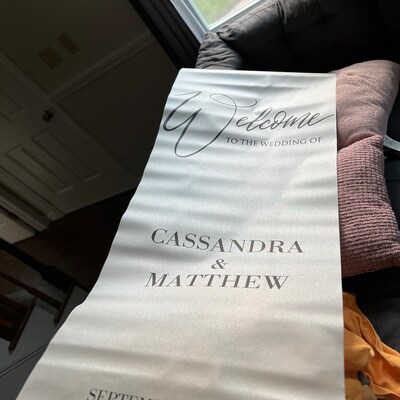 White Curtain Wedding Welcome Sign With Stand, Curtain Print Welcome ...