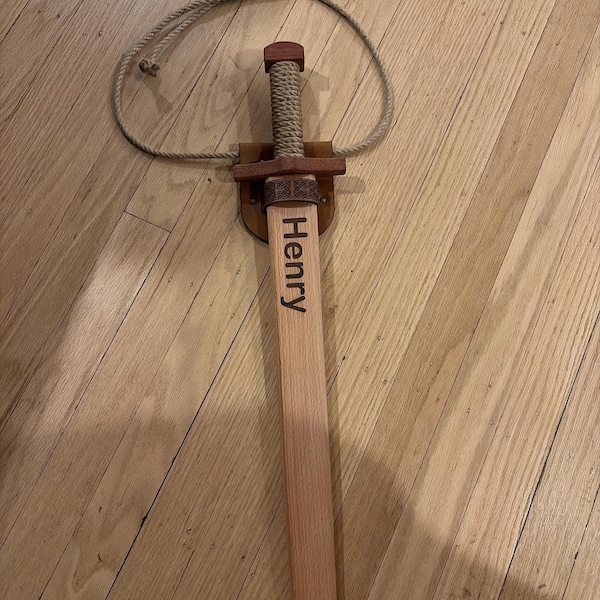 Personalised Wooden Sword With Leather Holder for Kids, Pretend Play ...